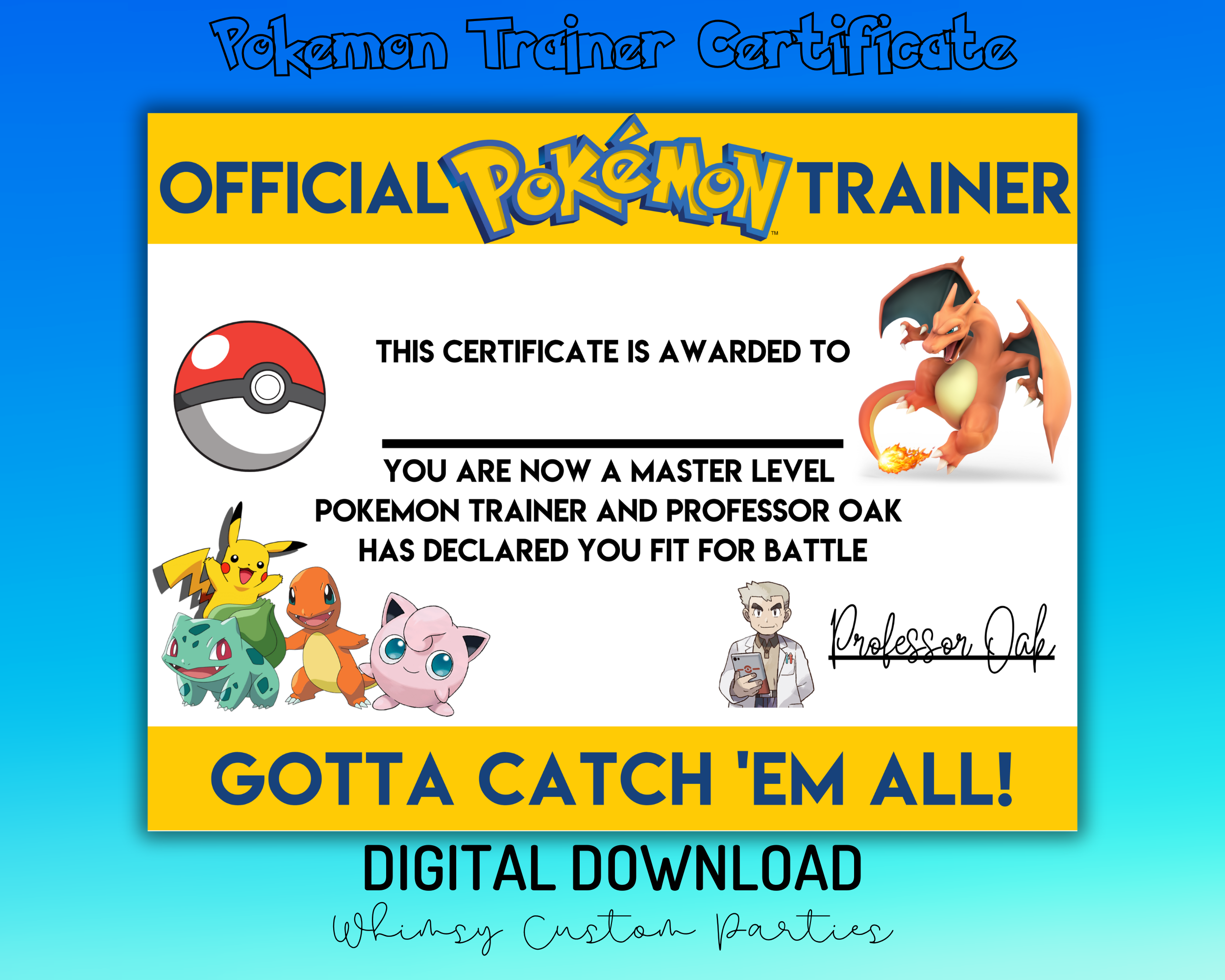 Pokemon Trainer Certificate | Instant Download – Whimsy Custom Parties